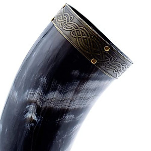 Norse Tradesman Genuine 20" Ox-Horn Viking Drinking Horn with Antique Brass Rim & Wolf Tip, Fitted Horn Stand & Burlap Gift Sack - The Fenrir, 20-Inches, Low Polish