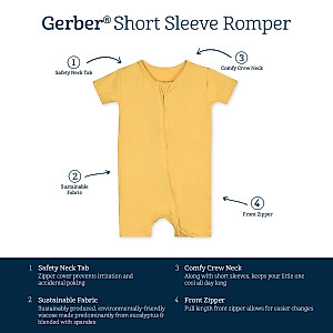 Gerber Unisex Baby Buttery-soft Short Sleeve With Viscose Made Eucalyptus Romper, Honey, 6-9 Months US