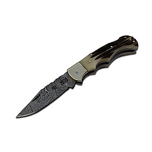 PAL 2000 KNIVES FOL-6016 Handmade Damascus Steel Folding Pocket Knife With Leather Sheath