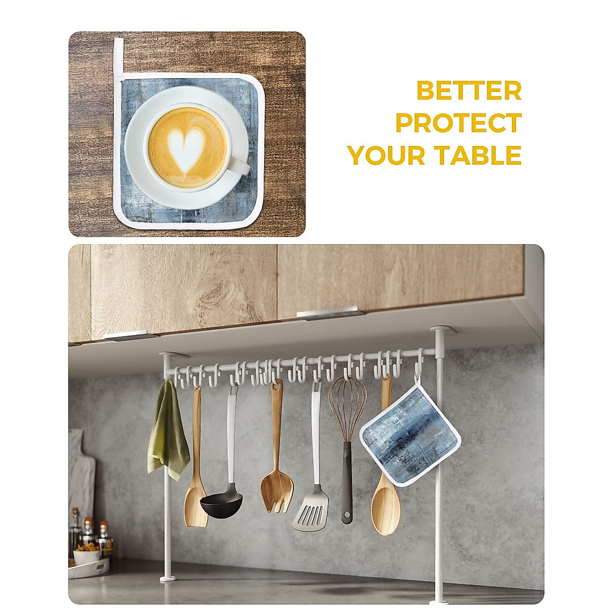 Carosoffe Blue Grey Modern Pot Holders Set of 2 Heat Insulation, Gray Abstract Art Oil Painting Hot Pads & Potholders for Kitchen, Retro Blue Smear Farmhouse Oven Mitts for Baking Cooking Barbecue