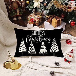 Black Merry Christmas Pillow Cover 12x20 Inch Xmas Pine Tree Lumbar Pillows Simple Throw Pillow Covers Holiday Home Decor Pillowcase Winter Farmhouse Seasonal Rectangle Cushion Case for Bed Couch Sofa