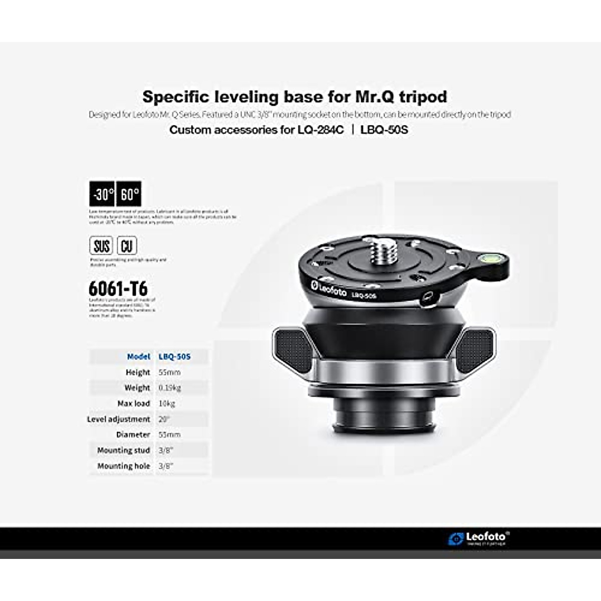 Leofoto LBQ-50S 50mm Leveling Base Half Ball Quick Adjust Leveler Head for Mr Q Ideal for LQ-284C