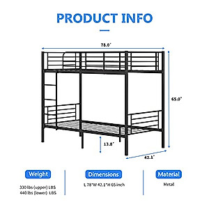 Alohappy Metal Bunk Bed Twin Over Twin, Twin Bunk Beds with Removable Ladder and Safety Guard Rail, 13.8” Under Bed Storage Space, No Box Spring Needed, Easy to Climb, Industrial Style(Black)