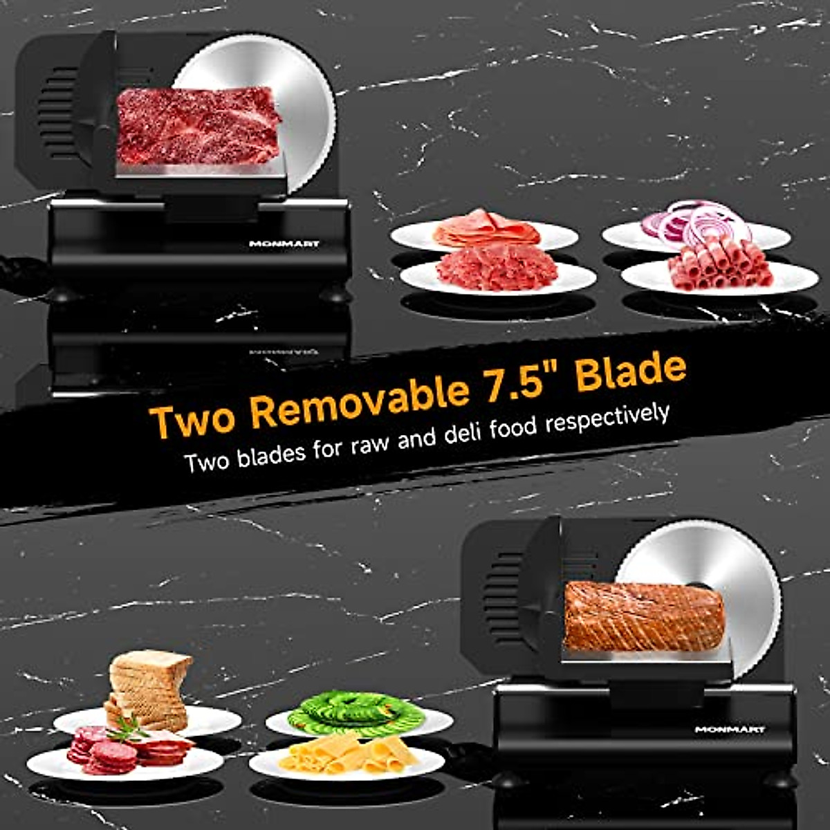 200W Meat Slicer with Two 7.5” Blades & One Stainless Steel Tray for Home Use, Electric Deli Food Slicer with “Upgrade” Big Thickness Knob (0-15mm) Cut Meat Cheese Bread, Easy to Clean