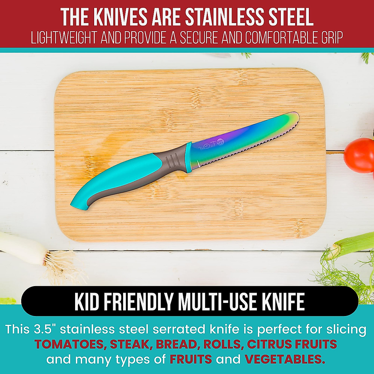 TruChef Kids Tomato Steak Knife Set for Real Cooking (Aqua) - 2pcs - Skin Friendly Serrated Edge Stainless Steel Lightweight - Safe for Children & Beginners