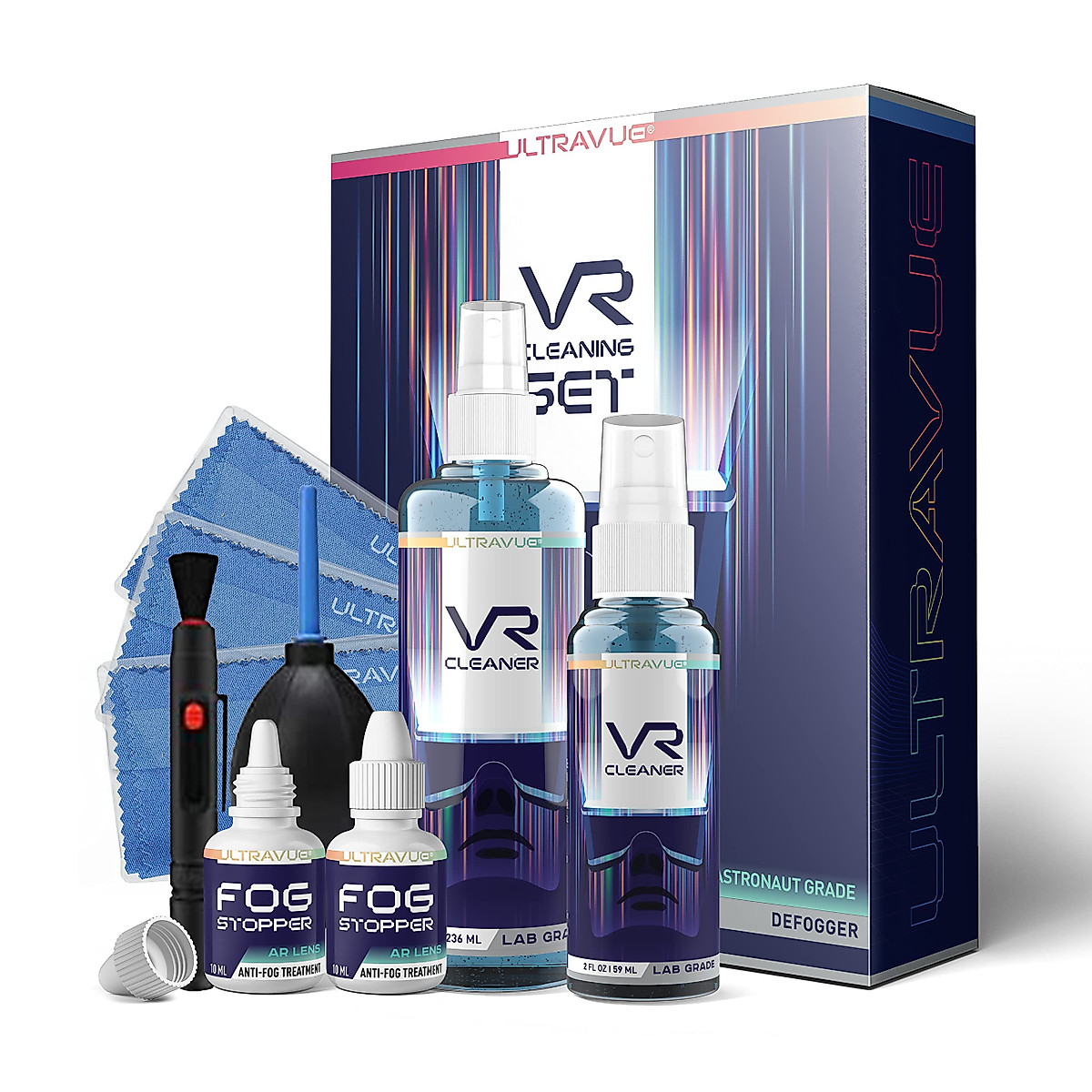 UltraVue VR Cleaning Kit and Anti-Fog Treatment - Includes VR Cleaner Gel Sprays, Microfiber Cloths, Anti Fog Drop Treatments, Brush and Air Bladder with Precision Nozzle