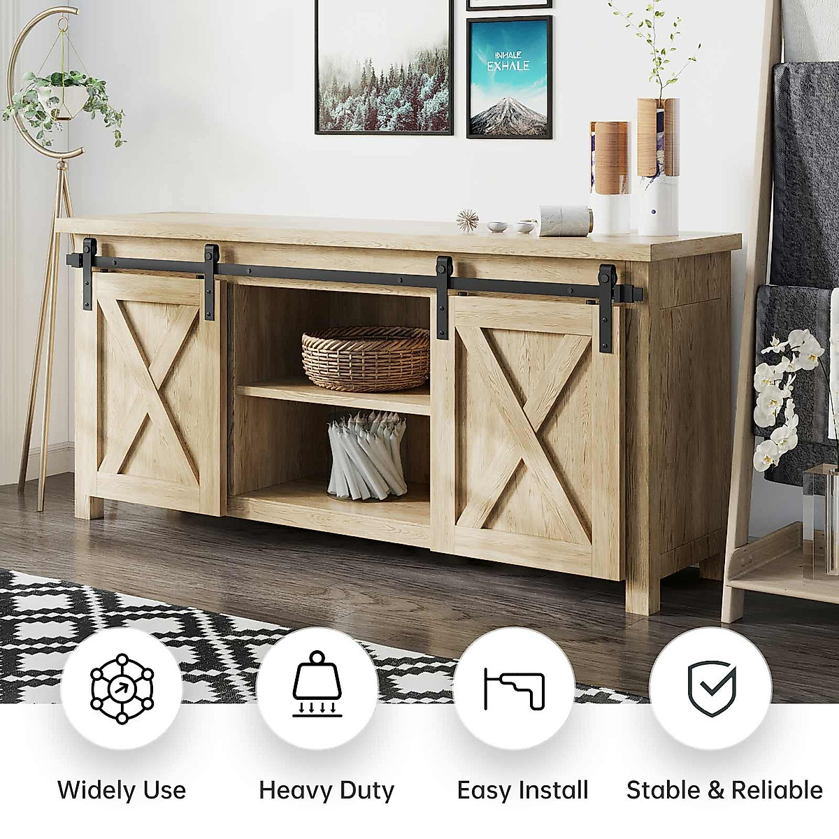 EaseLife 5 FT Cabinet Mini Sliding Double Barn Door Hardware Track Kit,Easy Install,Slide Smoothly Quietly,Apply for Storage Window TV Stand and Other Shielding (No Cabinet)