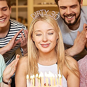 AOPRIE Dirty 30 Birthday Headband & Sash for Women Rose Gold Birthday Tiara Crown Rhinestone Happy Birthday Hair Accessories Gift Sets