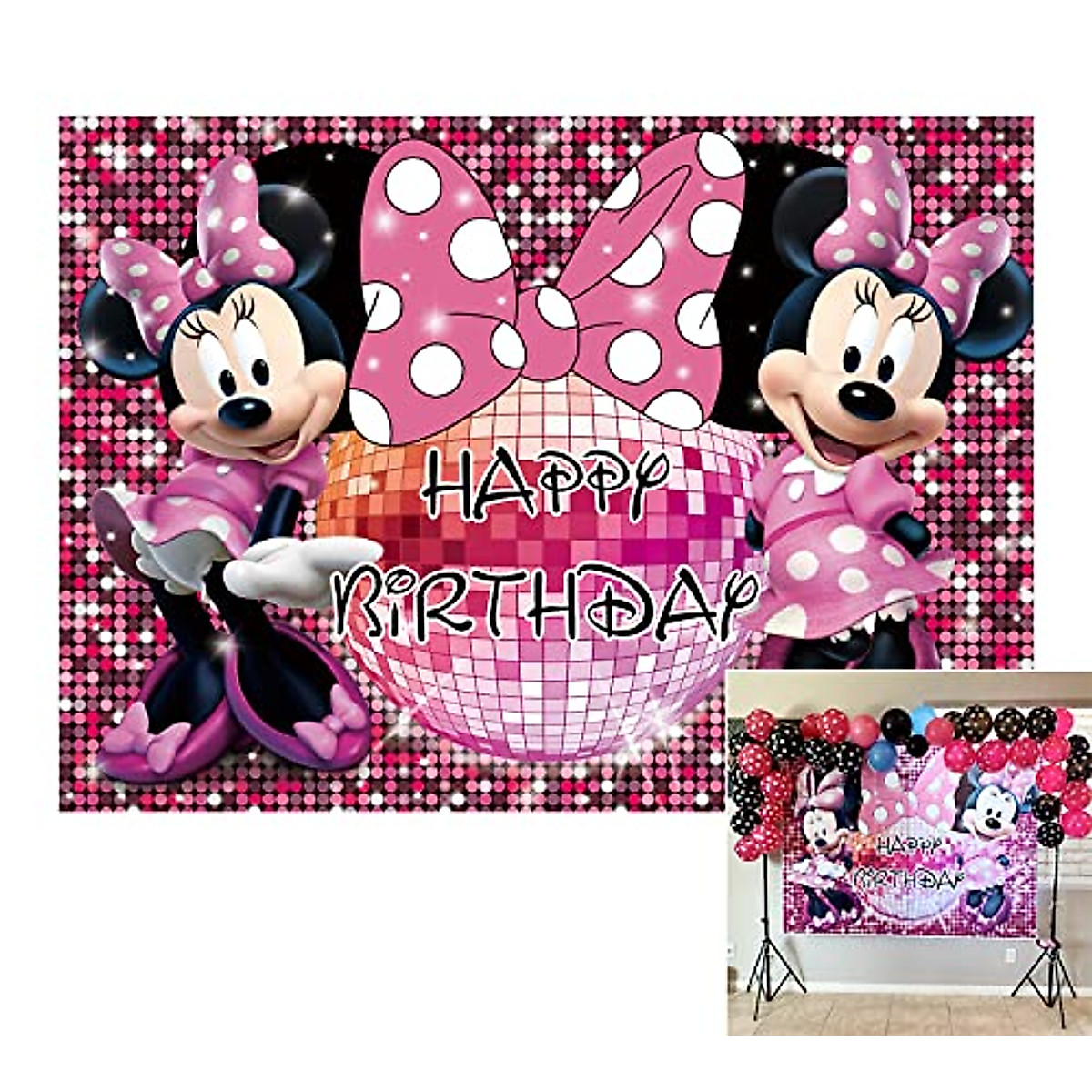 Cartoon Mouse Backdrop Pink Girls Birthday Lights Ball Bowknot Glitter Sequin Dot Photo Background Kid Girls Birthday Party Supplies 7x5ft Newborn Baby Shower Decoration Photo Booth Studio Prop
