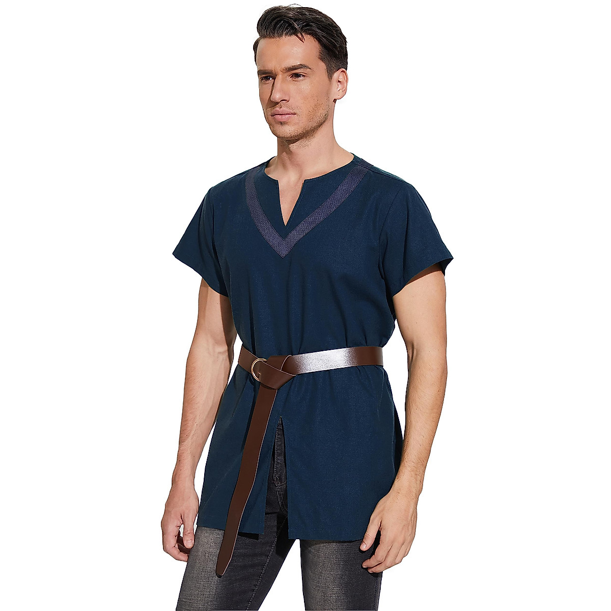 FURPHI US Size Medieval Linen Tunic with Belt for Men Medieval Shirt Knight Ren Faire Costume