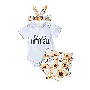 Newborn Infant Baby Girl Daddys Little Girl Short Sleeve Romper Tops Sunflower Shorts Pants Headband Summer Outfits (White-Sunflower, 0-3 Months)