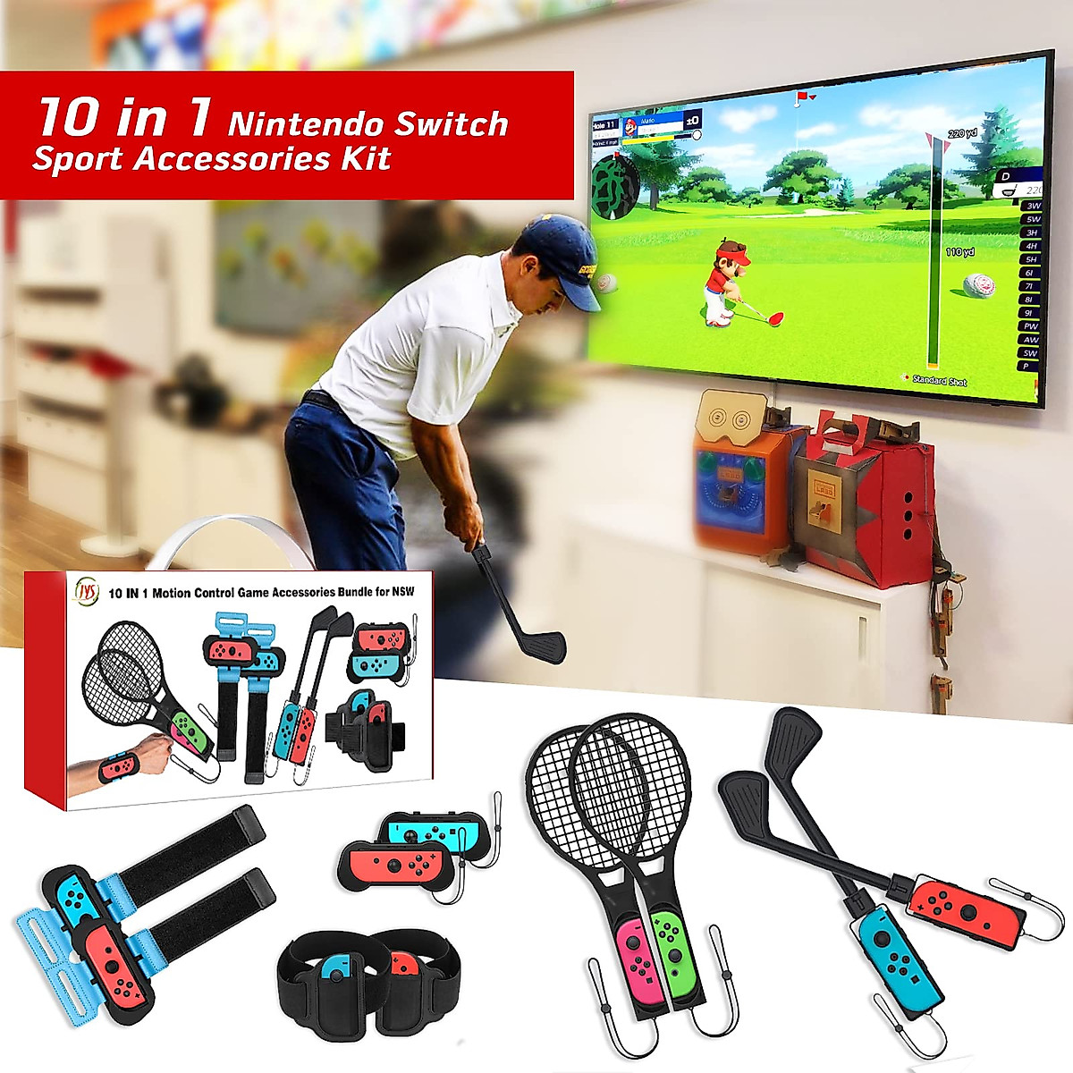 Nargos 2023 Switch Sports Accessories Bundle 10 in 1 Kit for Switch & Switch OLED: Joy Con Grips for Instant Sports, Mario Golf Super Rush, Mario Tennis Ace, and Just Dance, Gift for Kids