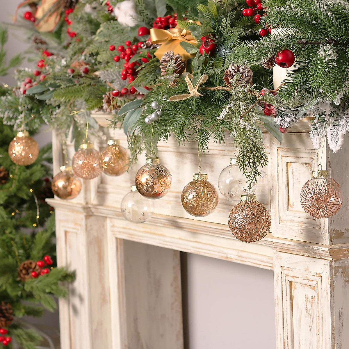 70MM/2.76" Christmas Ornaments Set, 20PCS Shatterproof Decorative Hanging Ball Ornament with Stuffed Delicate Decorations, Clear Rustic Xmas Tree Balls for Holiday Party- Champagne Gold.