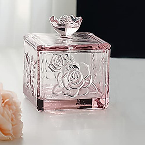 LWXPAIYY Pink Glass Candy Dish with Lid 16oz,Embossed Glass Candy Jar with Lid,Crystal Candy Dishes Bowl with Lids for Office Desk Coffee Table,Food Cookie Buffet Storage Luxury Decorative Jar (Pink)