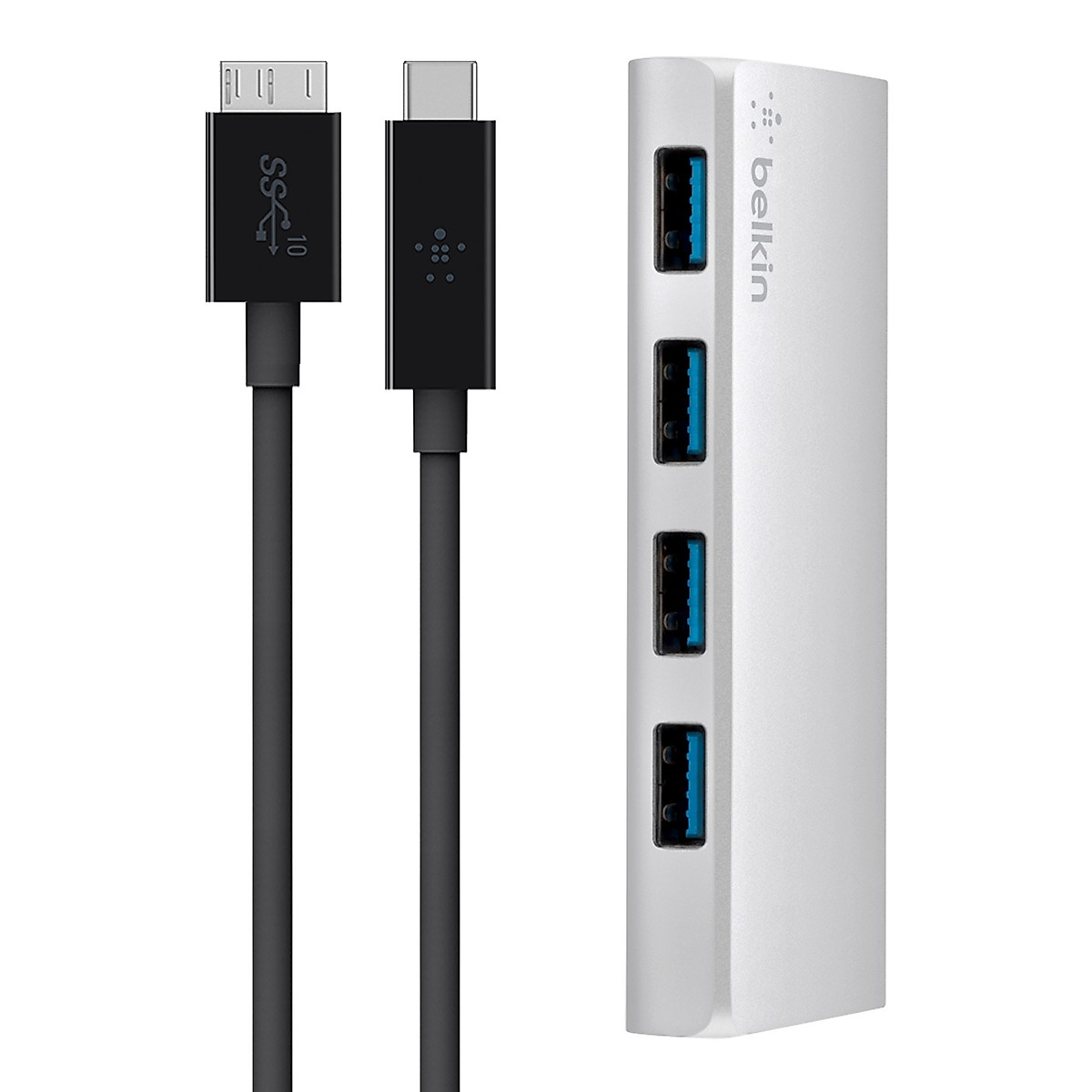 Belkin USB 3.0 to USB-C 4 Port Hub + USB-C Cable - USB C Hub W/ Micro-B Cable - 5W Powered USB Hub - Docking Station - Macbooks, Google Chromebook Pixel & Standard USB A Devices - With USB C Cable