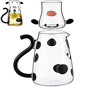 Cabilock Bedside Carafe Glass Water Pitcher Cute Cow Water Carafe with Glass Cup for Nightstand 550ml Glass Pitcher with Lid for Juice Tea Milk