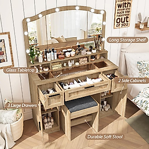 usikey Farmhouse Vanity Desk with Large Lighted Mirror and 10 Lights, 43.3" Glass Tabletop Makeup Vanity with 3 Drawers, Large Vanity Tabel Set with Long Storage Shelf, 2 Cabinets and Stool, Maple