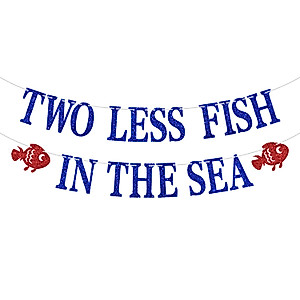 Two Less Fish in the Sea Banner, Engagement Party Beach Wedding Party Decor, Nautical Sea Theme Bridal Shower, Funny Bachelorette Party Decorations (Blue Glitter)