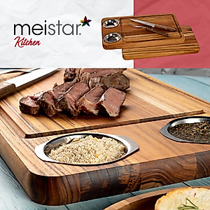 meistar Large End Grain Teak Wood Cutting Board. Thick Butcher Block for Kitchen, Brisket and BBQ with Stainless Steel Tray and Juice Groove (Teak Wood + 2 Bowls + BBQ Knife & Fork, X-Large)