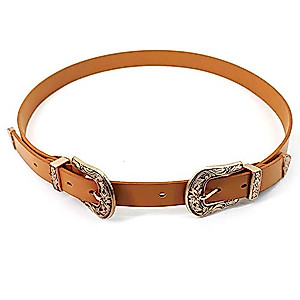 CLARA Women Vintage Western Waist Belt Double Buckle Belt PU Leather Waistband for Jeans Dress (Brown)
