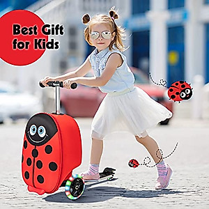 HONEY JOY Kids Scooter Suitcase, 18” Children Carry on Scooter Luggage w/Light-up LED Wheels, Waterproof Shell & Retractable Handle, Lightweight Foldable Ride on Suitcase for Kids Boys Girls(Red)