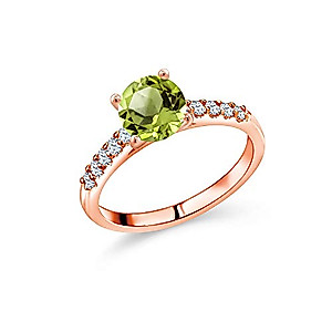 Gem Stone King 1.85 Ct Round Green Peridot White Created Sapphire 10K Rose Gold Ring (Size 7)