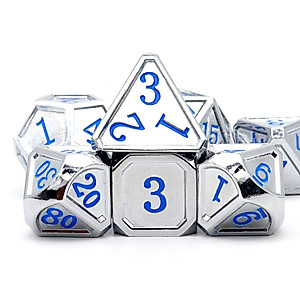 Haxtec Metal DND Dice Set Silver W/ Gift Metal Case D&D Polyhedral Dice for Dungeons and Dragons TTRPG-Silver Blue Numbers