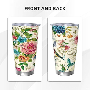 AYCZN Vintage Bird 20 OZ Tumbler Stainless Steel Travel Coffee Mug, Flower Butterfly Insulated Water Bottle with Lid and Straws Leakproof Thermal Cup