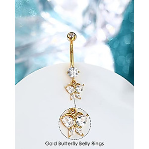 Melighting Gold Belly Rings 14K Solid Gold Butterfly Belly Button Rings for Women Gold Dangle Belly Piercing Clear CZ Gold Navel Rings for Woman Body Piercing Jewelry