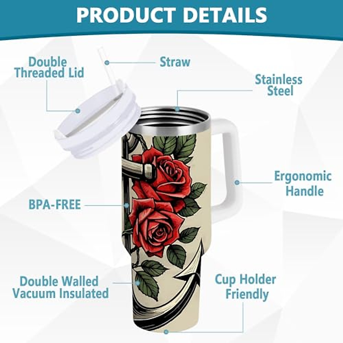 Nexawaveo Mooring Rose Beige Tumbler With Handle And Straw 30-40oz Insulated Tumbler Cups With Lid Stainless Steel for Cold Water and Drinks for School Work Sports Car Travel and Weekends