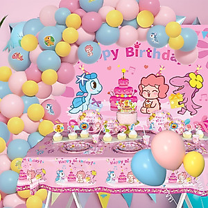 Girls Dinosaur Party Supplies for Pink Dinosaur Birthday Party Balloons Garland Arch Kit with Tablewear & Backdrop 59*40 Inch, 360 PCS Dinosaur Birthday Decorations