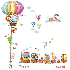DECOWALL DA-1606N1406A Animal Hot Air Balloon Height Growth Chart and Train Kids Wall Stickers Wall Decals Peel and Stick Removable Wall Stickers for Kids Nursery Bedroom Living Room d?cor