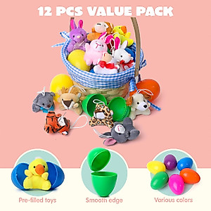 JOYIN 12 Pcs Prefilled Easter Eggs of Mini Stuffed Animal Plush Toys Easter Basket Stuffer for Kids Easter Egg Hunt Filler Stuffer