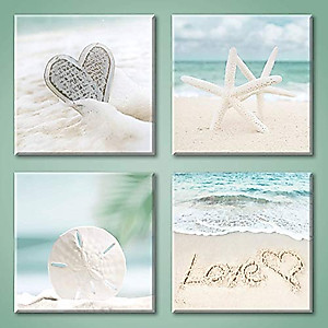 UTOP-art Aqua Beach Seashell Pictures Artwork: Love & Starfish Canvas Print Wall Art for Bathroom (12'' x 12'' x 4 Panels)