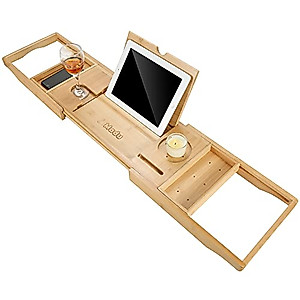 Bamboo Extension Tray for The Bathroom and Relaxation Tool for The Bath, with Holder for Cellphone, Tablet, Candles and More
