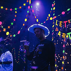 60Ft Neon Paper Garlands Circle Dots Stars Hanging Decorations Neon Party Supplies Set Glow in The Dark Party Supplies for Birthday Wedding Glow Party Decorations