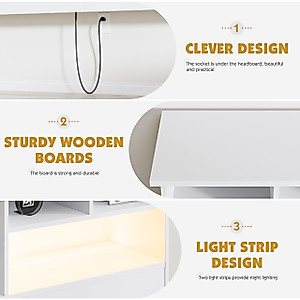 AYEASY Queen/Full Size Headboard Only for Bedroom, Wood Bookcase Headboard with Charging Station & 2 LED Lights, Stylish Queen Headboard for Queen Size Bed, Noise-Free HeadBoard with Storage, White