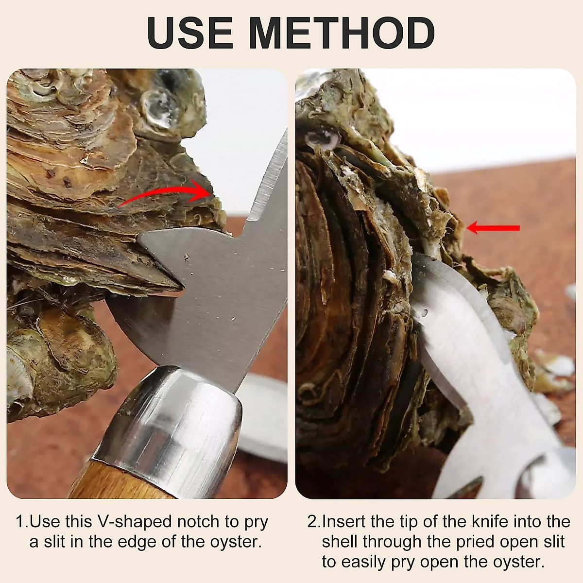 Jopplim 2 Pcs Oyster Shucking Knife, Upgraded Oyster Knife, with Stainless Steel Thickened Blade, a V-Shaped Notch, Wooden Non-slip Handle, Oyster Shucker, Suitable for Shucking All Kinds of Shells