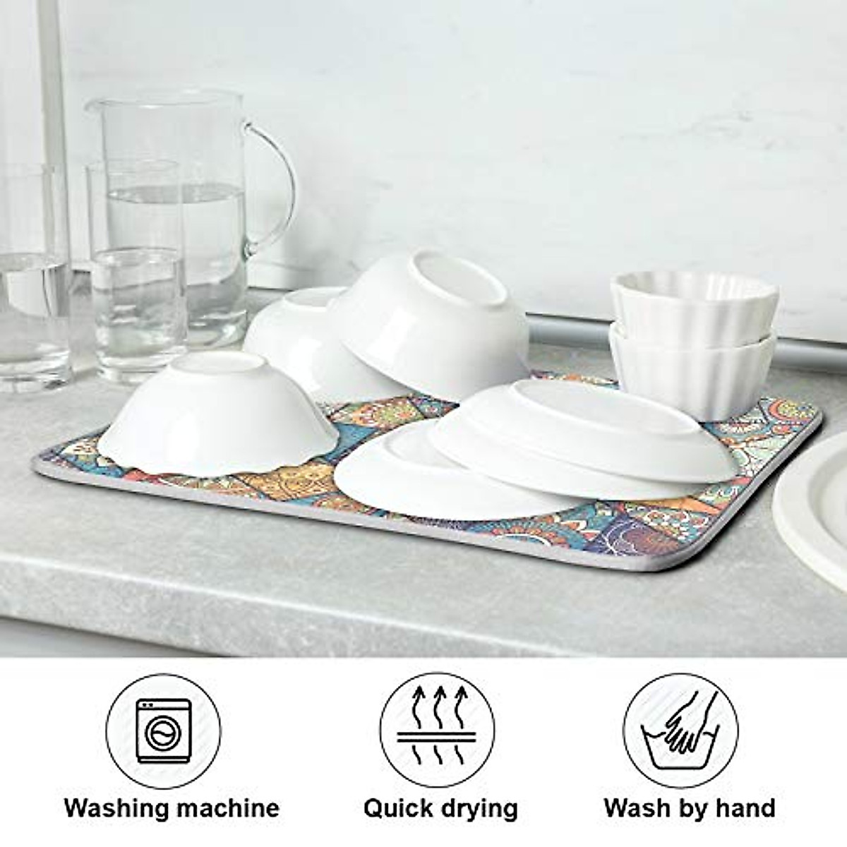 Ethnic Print Geometric Dish Drying Mat 16"x18" Absorbent Machine Washable Hanging Fast Dry Pad Dish Protective Mat for Kitchen Countertop Heat Resistant Dinner Table Mat