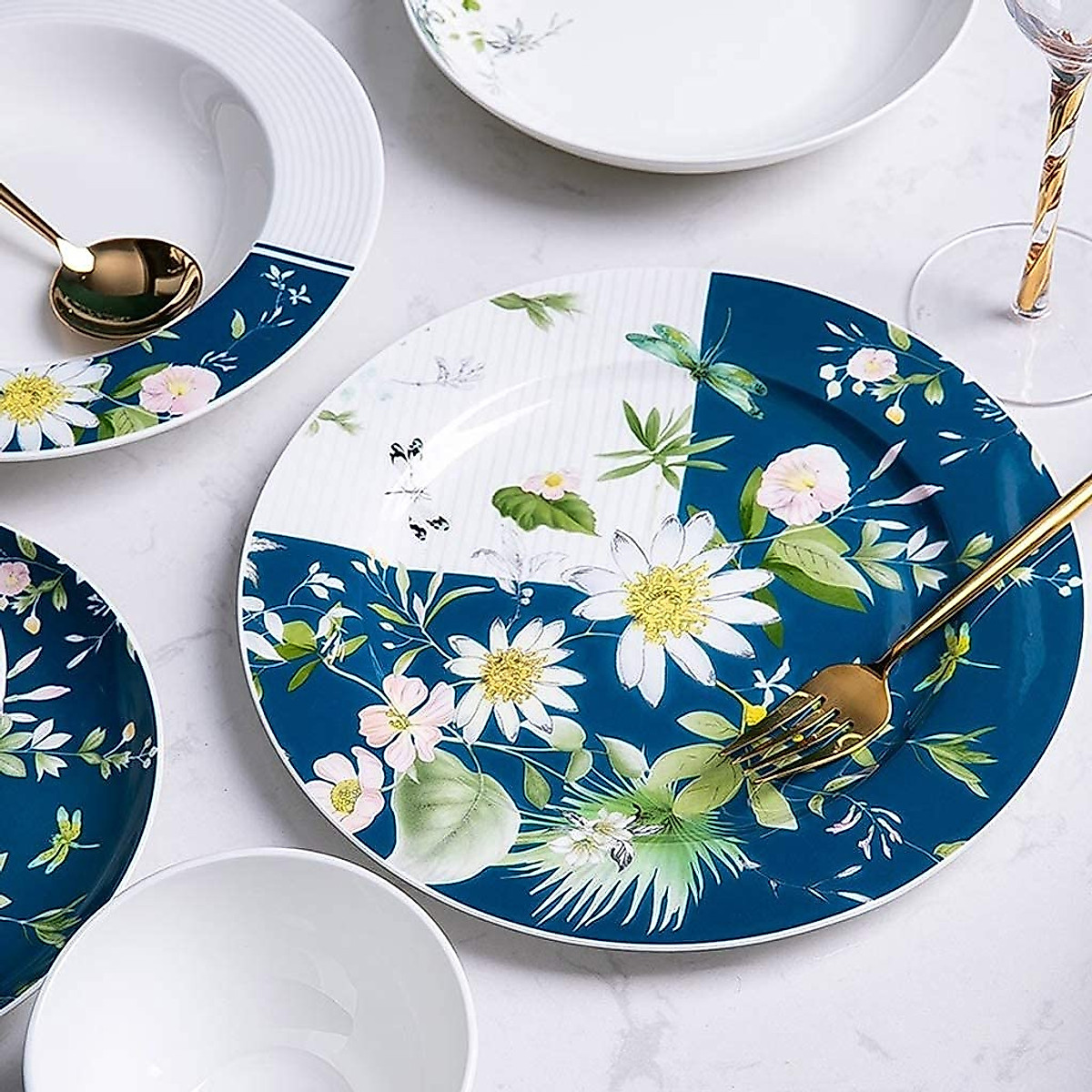 AB-Grade Porcelain Plate and Bowl Set,Ceramics Dinner Sets 46 Pieces Ceramics Dinner Sets,Bowl/Dish/Soup Pot/Spoon|Dinnerware Set Simple Floral Pattern Combination Tableware Set-Compatible with Gift