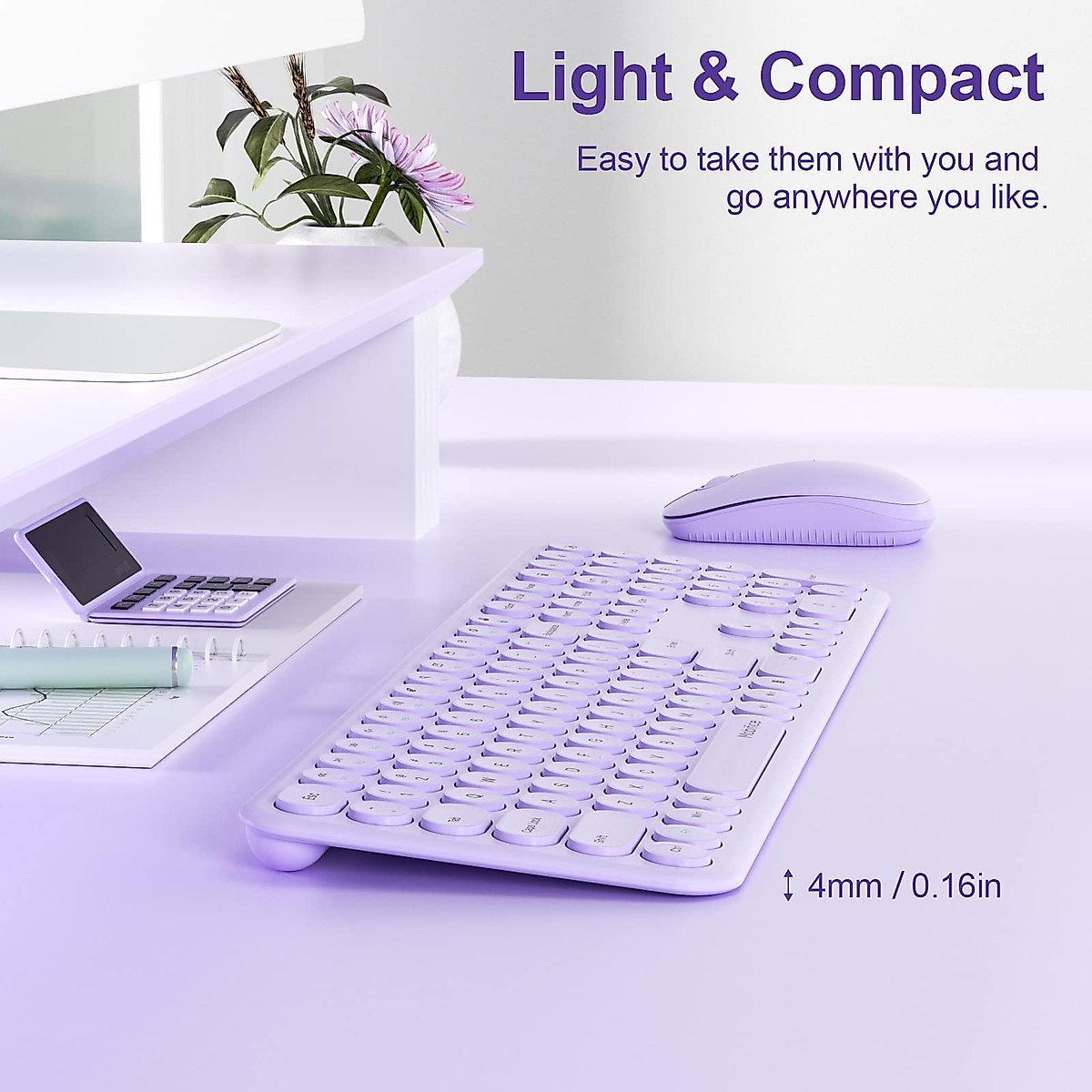 Mobifice Cute Keyboard and Mouse Wireless for PC Computer/Laptop/Windows/Mac/Tablets, Ultra-Thin 2.4GHz USB Cordless Full-Sized Silent Retro Computer Keyboard Mouse Combo (Purple)
