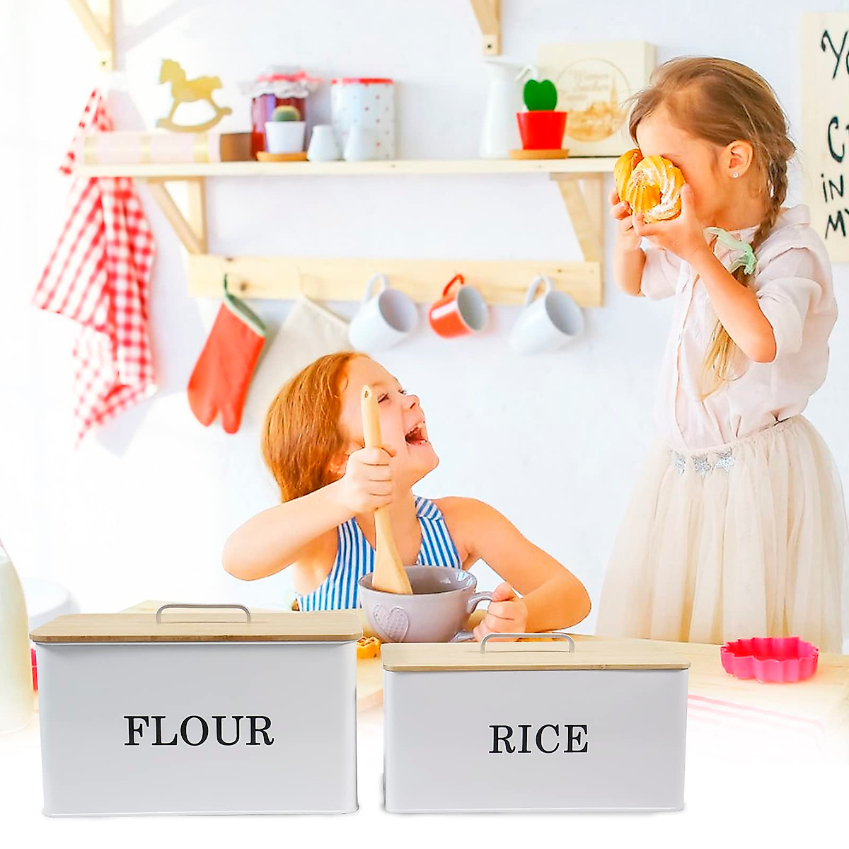 Gdfjiy Kitchen Canisters Set of 2, Metal Rice Storage Bin Flour Tin, Rustic Farmhouse Canister Jars, Food Storage Container for Rice Flour Soybean Grain Cereal-White