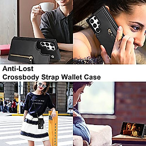Vofolen Wallet Case for Samsung Galaxy S22 Ultra with Card Holder Lanyard Neck Crossbody Detachable Strap Zipper Purse Square Flip Slim PU Leather Double Magnetic Clasp Kickstand Cover 6.8 inch Black