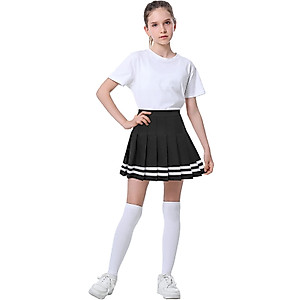 Women's Plaid Skirt, High Waist Pleated School Uniform Cosplay Costume Cheer Skirt, Black with Stripe/New Version, US S