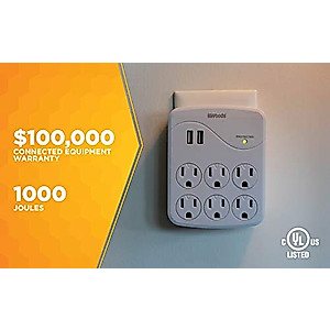 Woods 41079 Surge Protector with 6 Outlets and 2 USB Type A Ports with 1000J of Protection, White