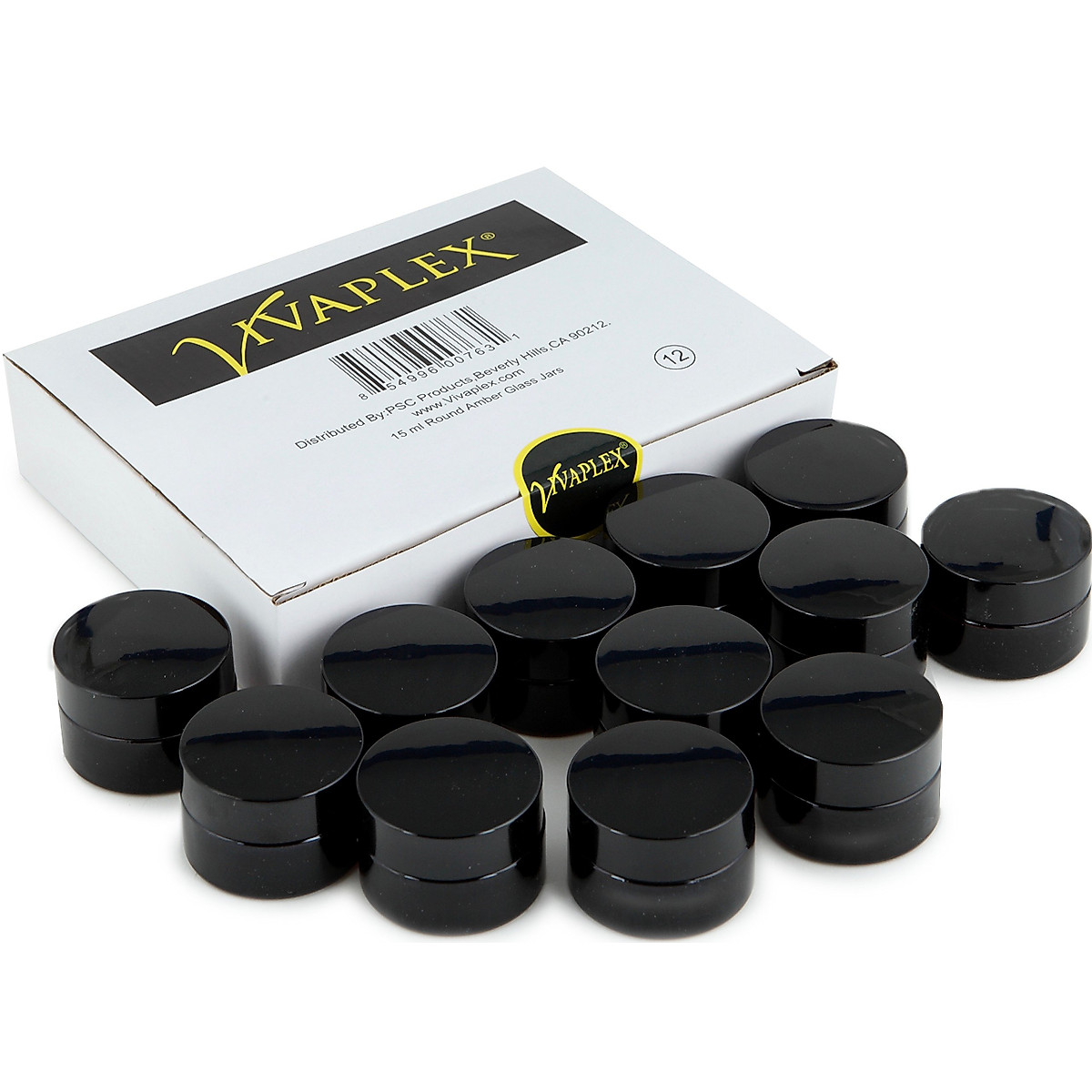 Vivaplex, 12, Amber, 15 ml, Round Glass Jars, with Inner Liners and black Lids