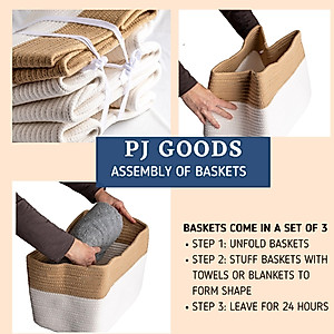 PJGOODS- 3-Pack Cotton Woven Storage Basket with Handles, Great for Organizing Laundry, Blankets, Dog Toys, Baby Toys, Perfect for the Kitchen, Bathroom, Bedroom, Living Room,15x10x9, Beige/White