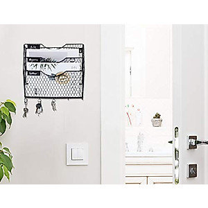 Superbpag Hanging Mail Sorter Organizer 3-Tier Metal Chicken Wire Wall Mount Magazine Literature Rack with Key Holder, Black