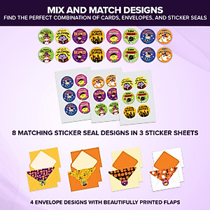Decorably 16 Pack Halloween Cards with Envelopes & Stickers, 8 Designs Printed Message Inside Halloween Cards for Kids, 5x7in Halloween Cards and Envelopes for Kids, Halloween Greeting Cards for Kids