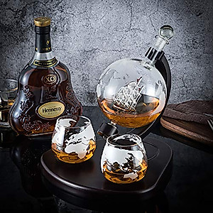 Whiskey Decanter Set,Globe Decanter,Whiskey Gifts for Men Husband Him Boyfriend Dad Women,with 2 Glasses,Beads,4 Ice Cubes,Tong & Funnel,Beverage Drink Dispenser,for Whisky,Liquor,Wine,Brandy,Cognac